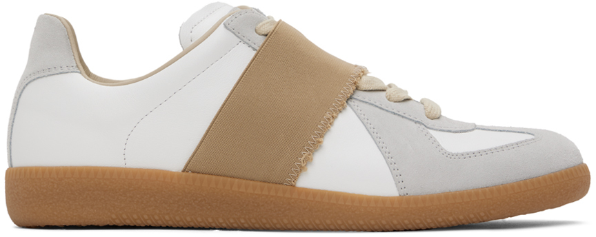 Maison Margiela: Baskets Replica blanc et gris à bride élastique ...