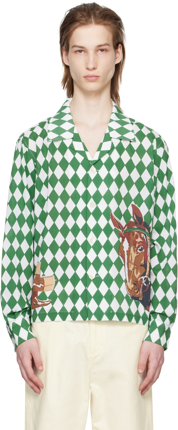 Bode: Green & White Jockey Diamond Shirt | SSENSE