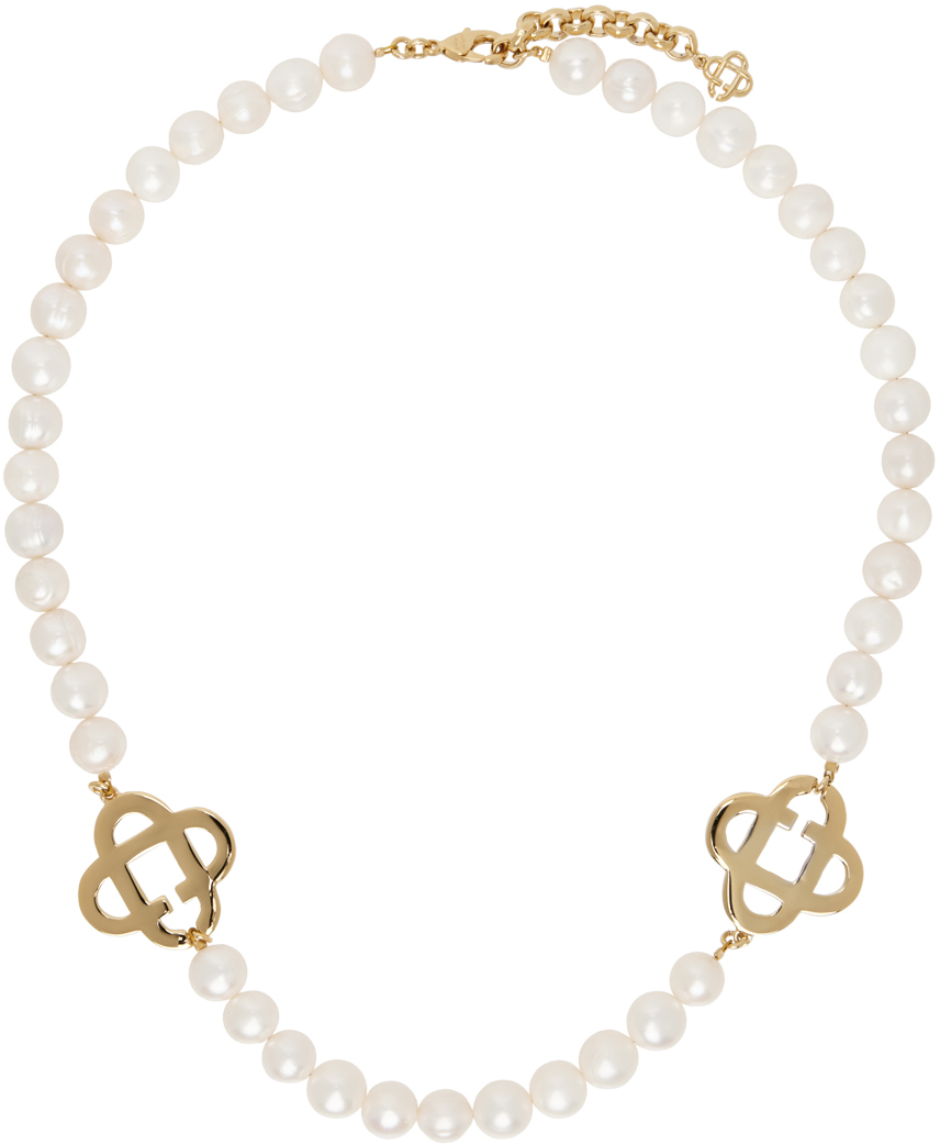 White Medium Pearl Logo Necklace by Casablanca on Sale