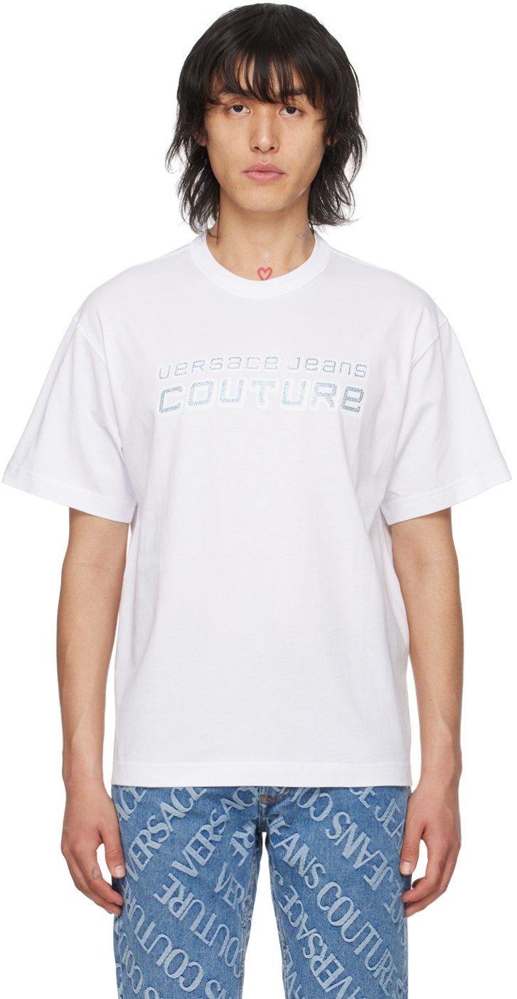 White Appliqué T-Shirt by Versace Jeans Couture on Sale