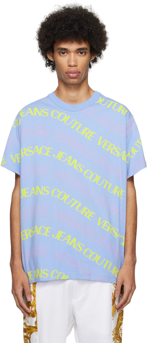 T Shirt Bleu à Motif à Logo En Tricot Jacquard Versace Jeans Couture En
