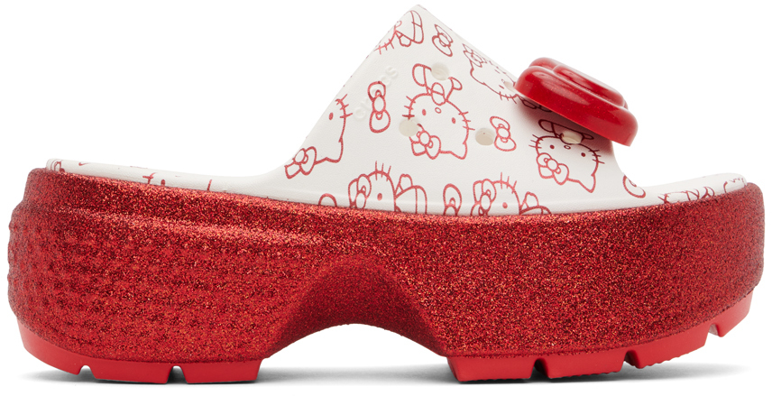 White & Red Hello Kitty Stomp Slides by Crocs on Sale