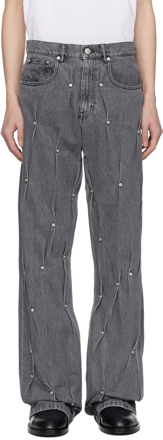 Gray Multi Rivet Jeans by KUSIKOHC on Sale