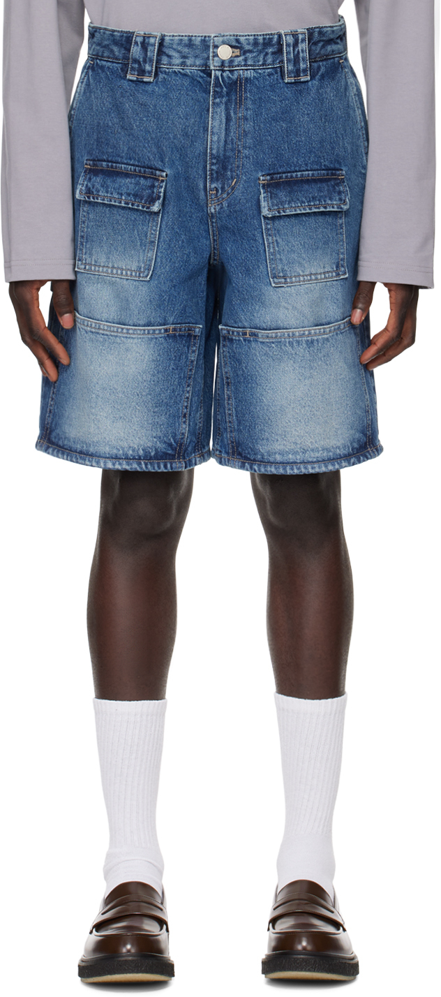 Blue Pocket Denim Shorts by Solid Homme on Sale
