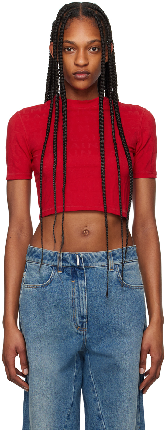 Red Jacquard T-Shirt by Balmain on Sale