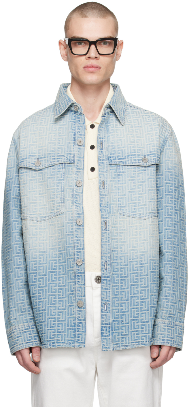 Blue Monogram Denim Shirt by Balmain on Sale