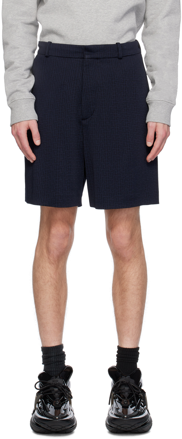 Short Bleu Marine à Motif à Logo En Tricot Jacquard Balmain En Solde