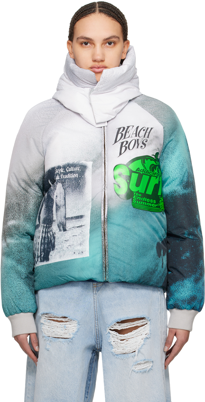 ERL: Blue & Gray Printed Puffer Jacket | SSENSE