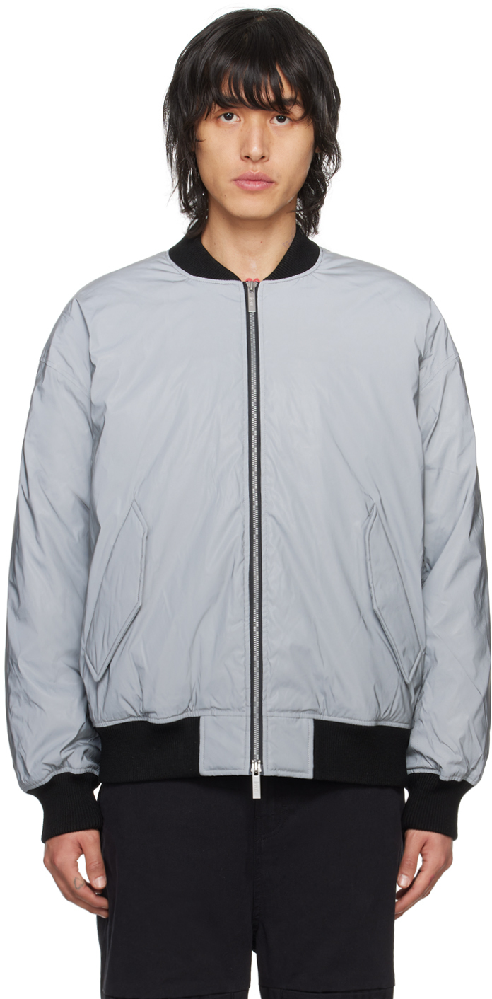 Gray Reflective Down Bomber Jacket by Izzue on Sale