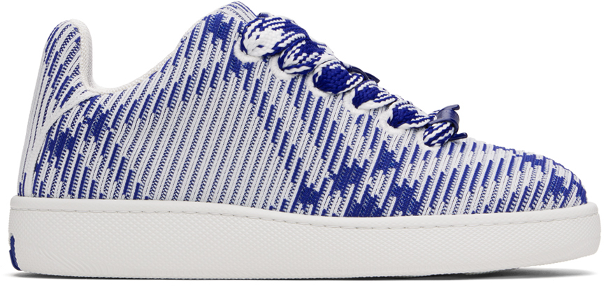 Blue & White Check Knit Box Sneakers by Burberry on Sale