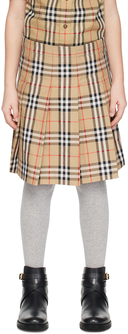 Kids Beige Check Pleated Skirt by Burberry on Sale