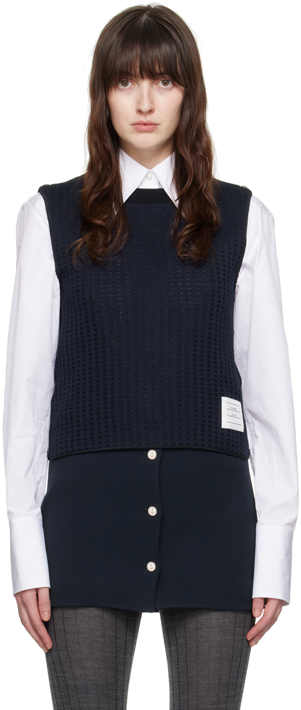 Gilet Bleu Marine à Motif En Tricot Jacquard Thom Browne En Solde