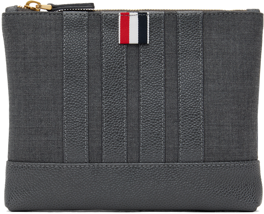 Thom Browne: Gray Wool 4-Bar Pouch | SSENSE
