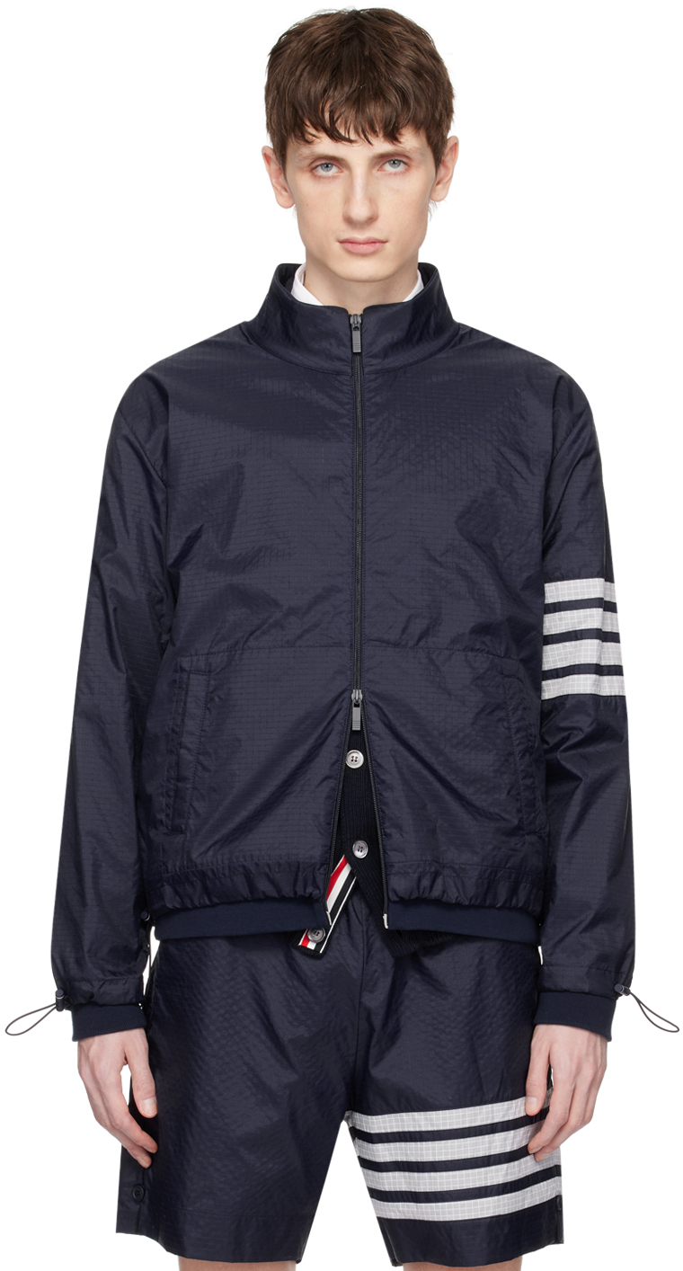 Navy 4-Bar Jacket by Thom Browne on Sale