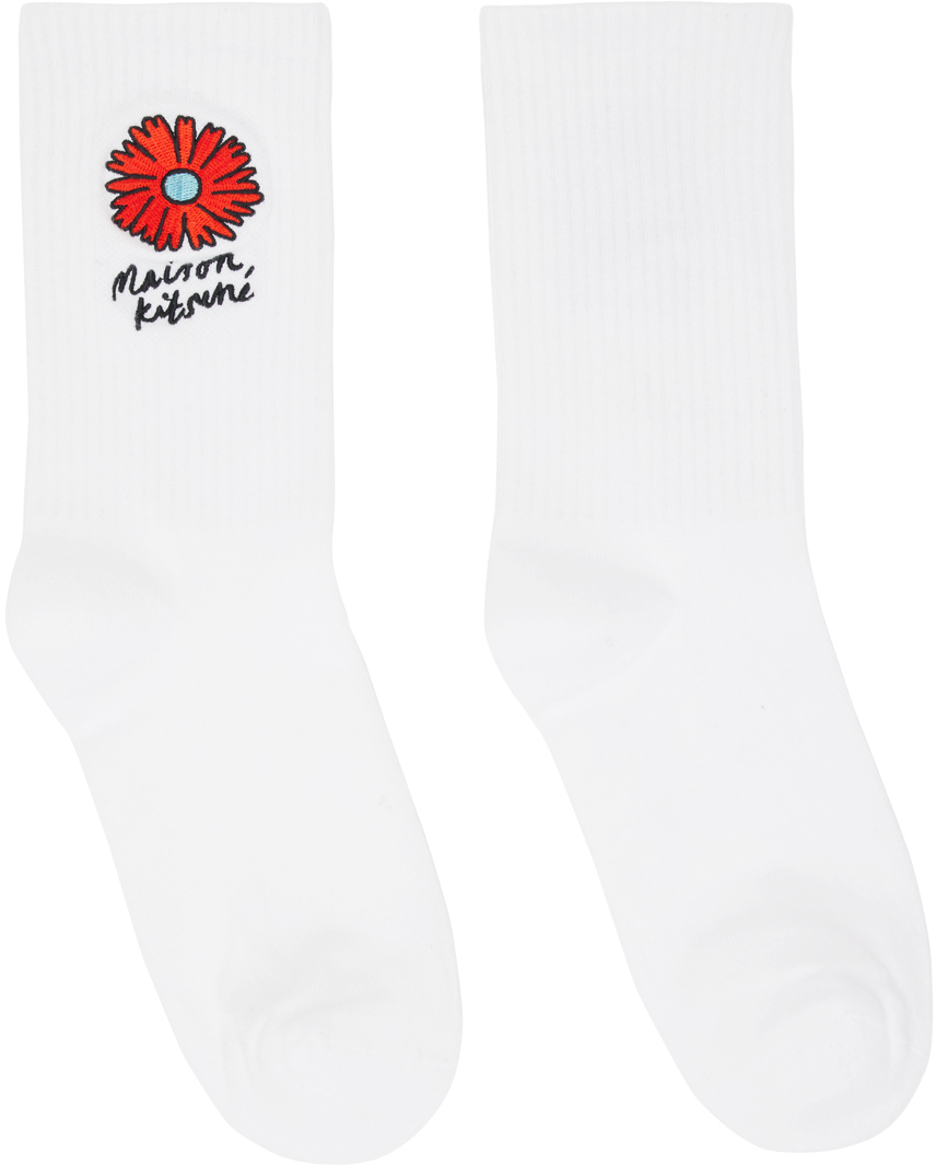 White Floating Flower Sporty Socks by Maison Kitsuné on Sale