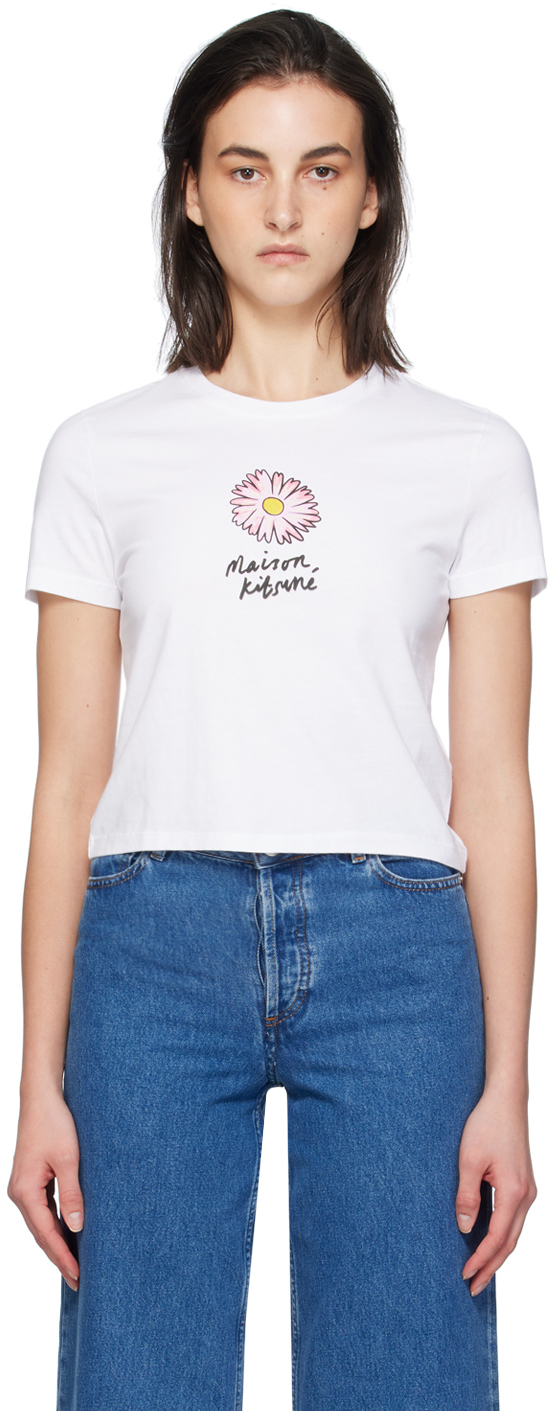 White Floating Flower T Shirt By Maison Kitsuné On Sale
