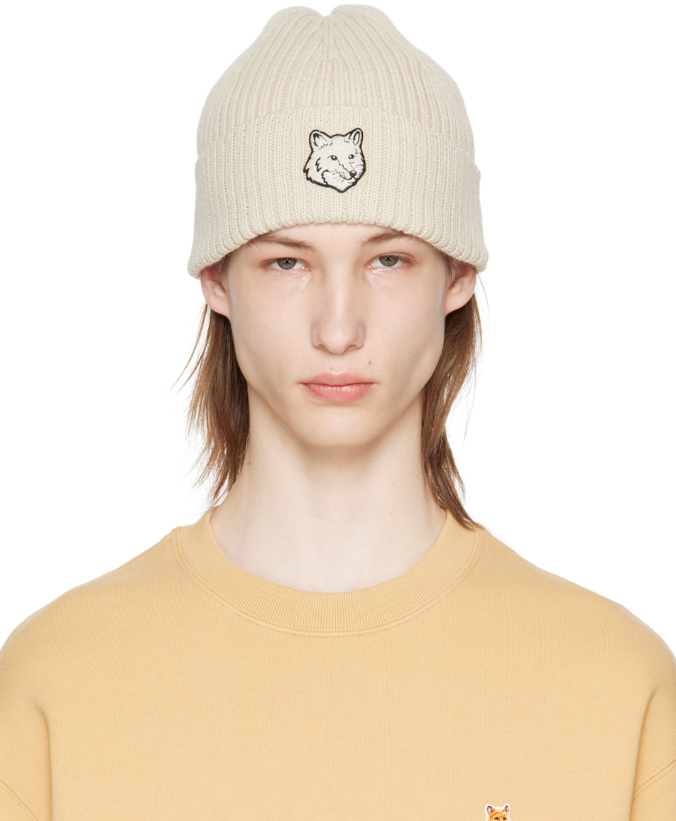 Beige Bold Fox Head Patch Beanie by Maison Kitsuné on Sale