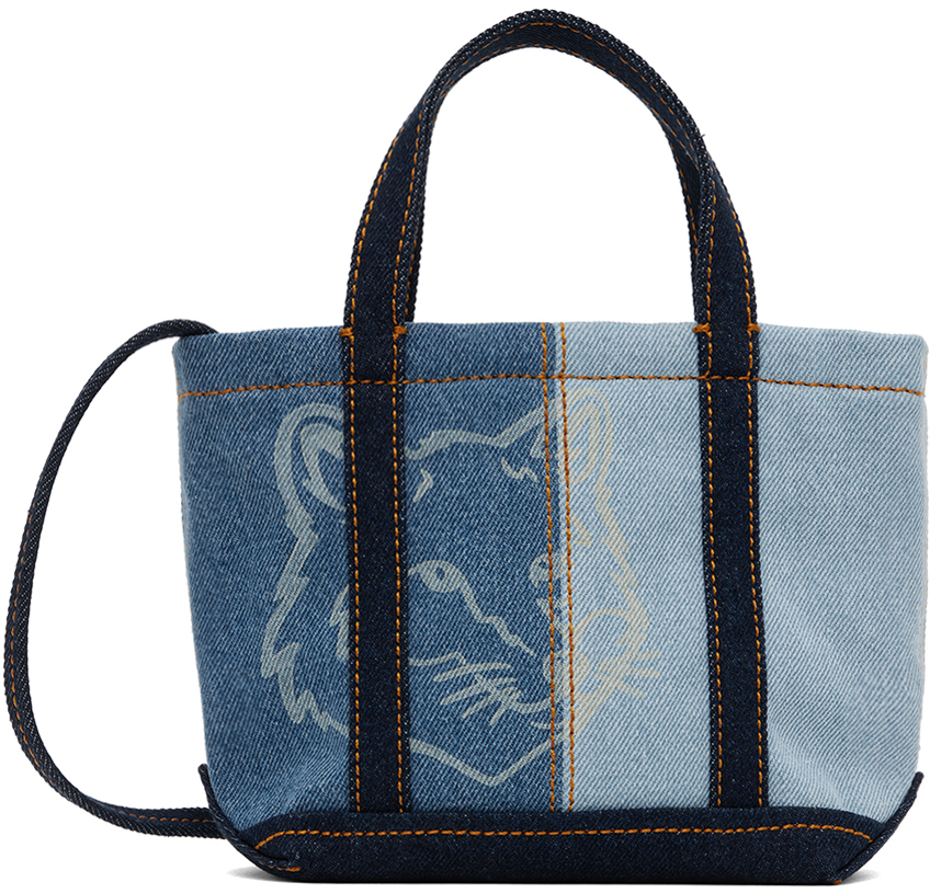 Blue Fox Head Mini Denim Tote by Maison Kitsuné on Sale