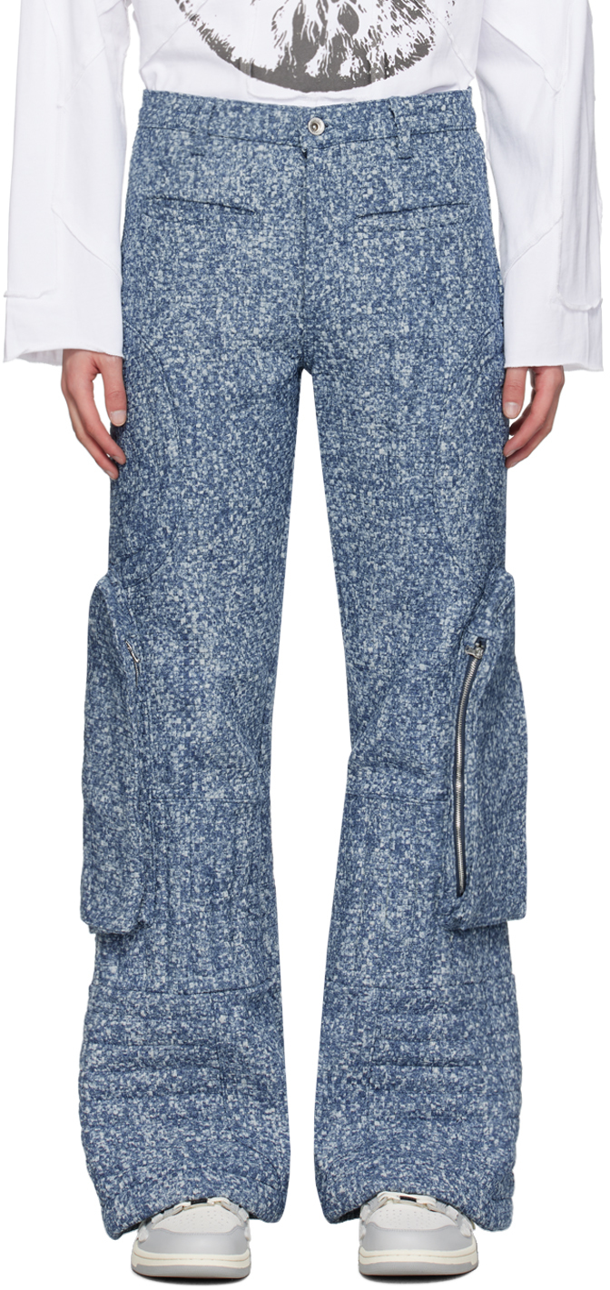 Blue Raised Window Cargo Pants by Who Decides War on Sale