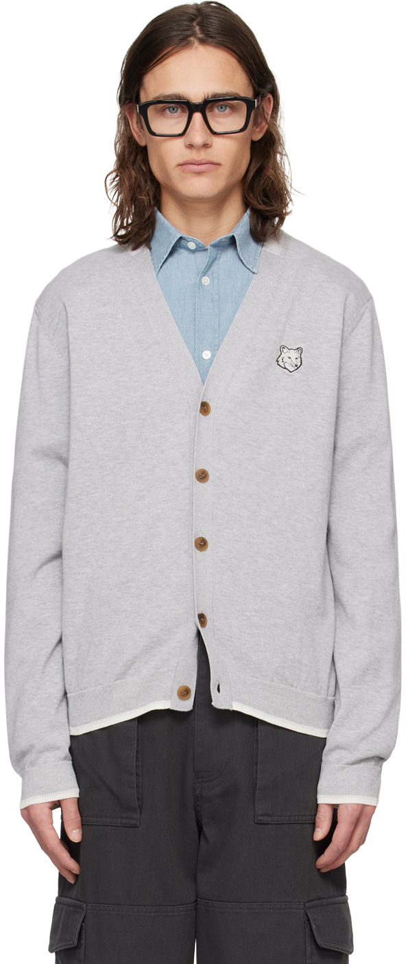 Gray Bold Fox Head Cardigan by Maison Kitsuné on Sale
