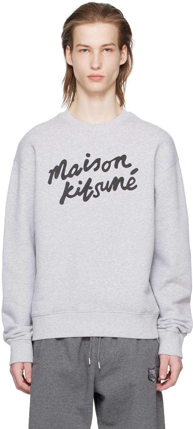 Pull molletonné gris à logo calligraphié Maison Kitsuné en solde