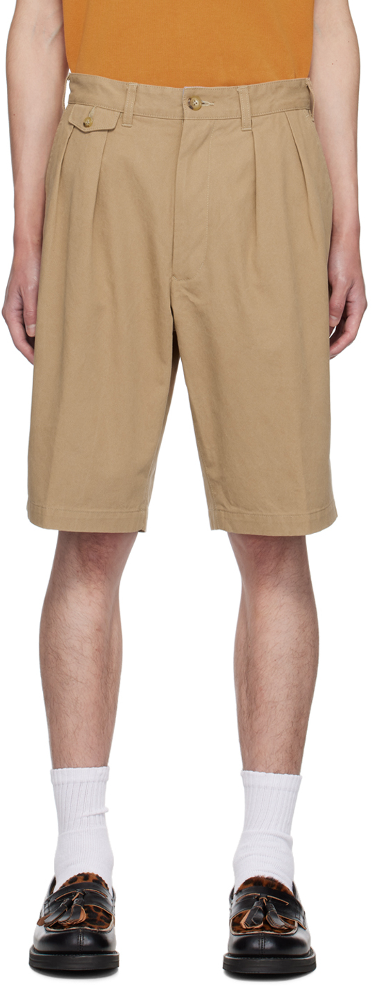 Beige 2 Pleats Shorts by BEAMS PLUS on Sale