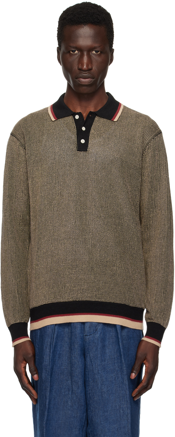 BEAMS PLUS: Black & Beige Slab Knit Polo | SSENSE