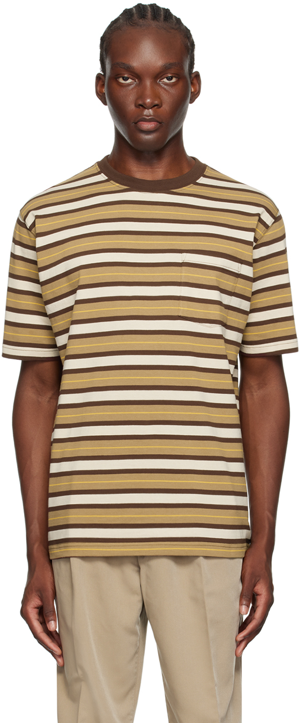 Brown Multi Stripe T-Shirt by BEAMS PLUS on Sale