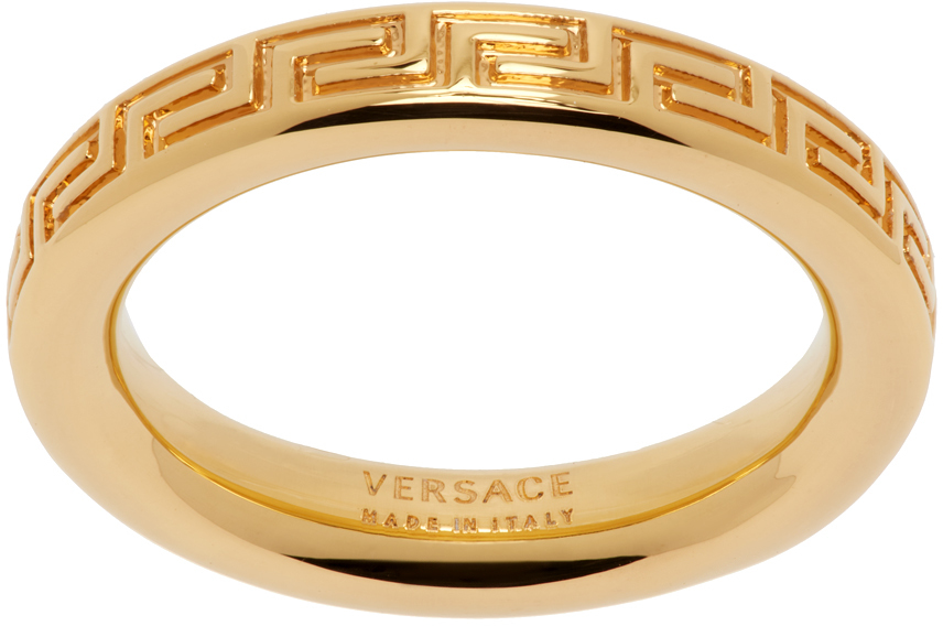 Versace: Bague dorée à motif à clé grecque gravé | SSENSE France
