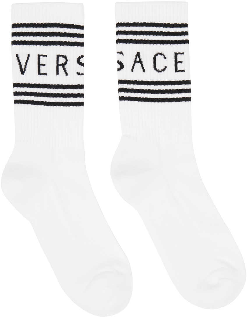 White & Black '90s Vintage Logo Socks by Versace on Sale