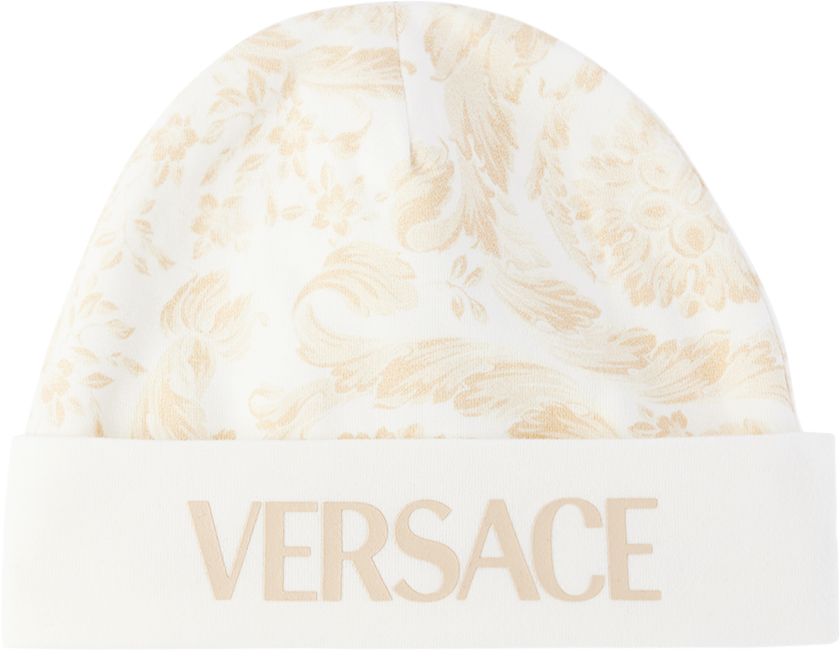 Baby White & Beige Barocco Beanie by Versace on Sale