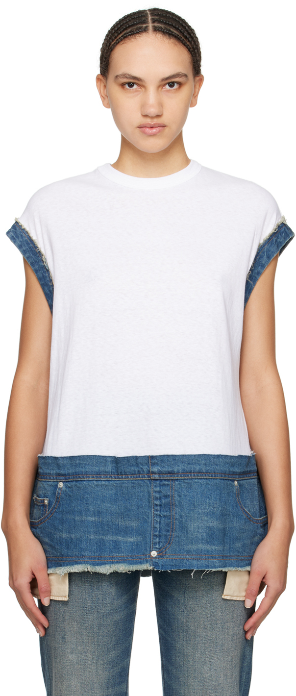 White & Blue Paneled Denim T-Shirt by UNDERCOVER on Sale