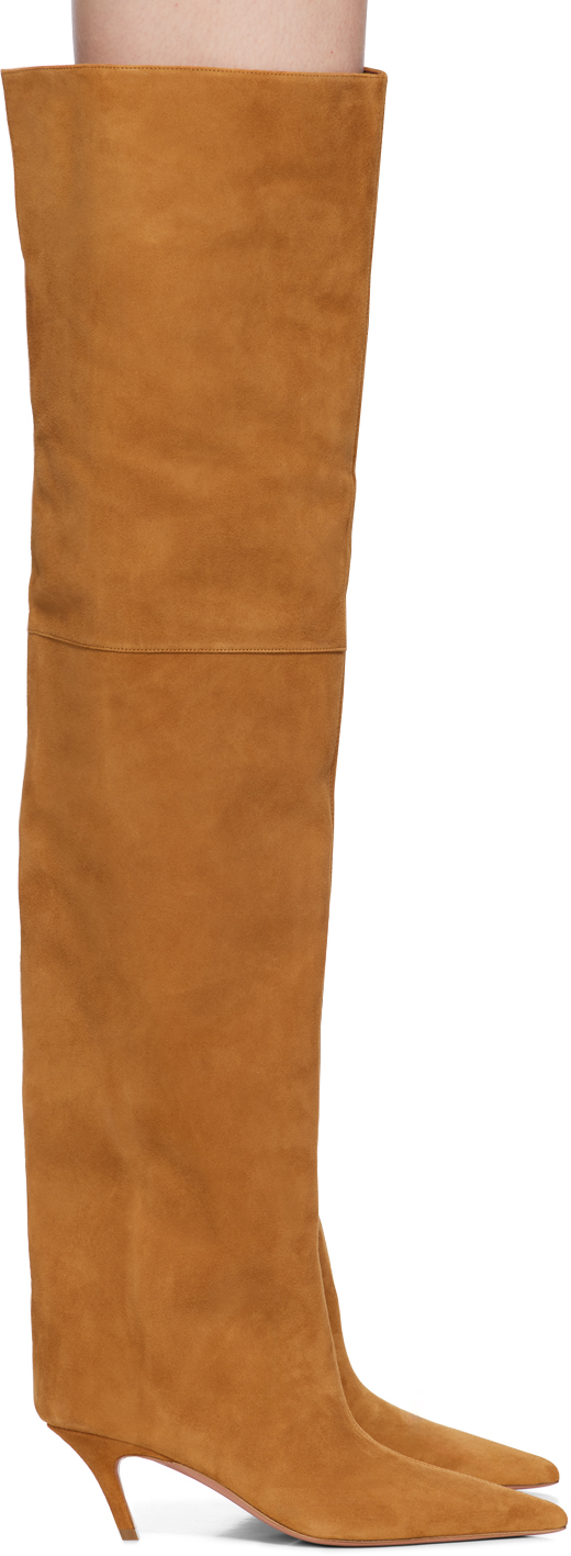 Tan Fiona Thigh High Boots by Amina Muaddi on Sale