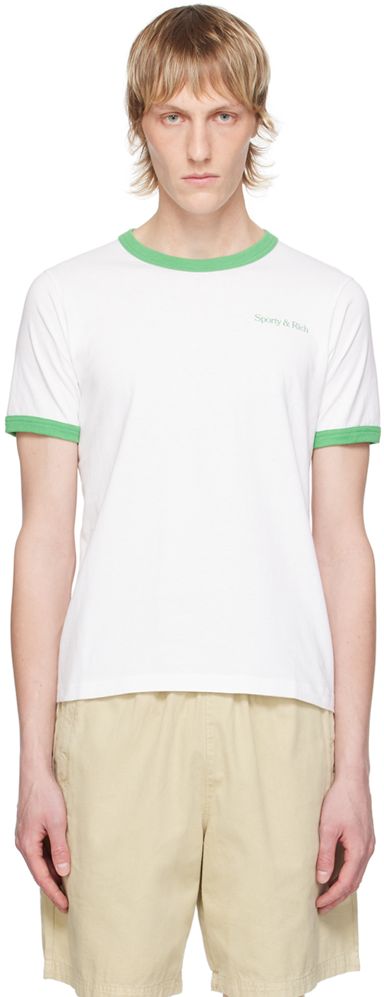 White Serif Ringer T-Shirt by Sporty & Rich on Sale
