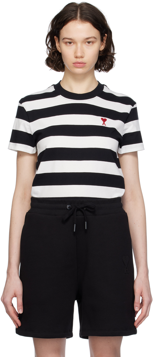 Ami Paris T Shirt Noir Et Blanc à Rayures Ssense France