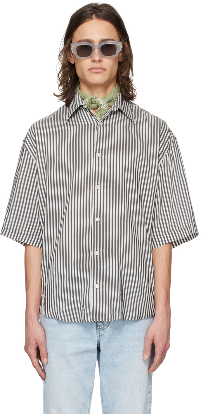 Ami Paris Chemise Gris Et Blanc Cassé à Rayures Ssense France