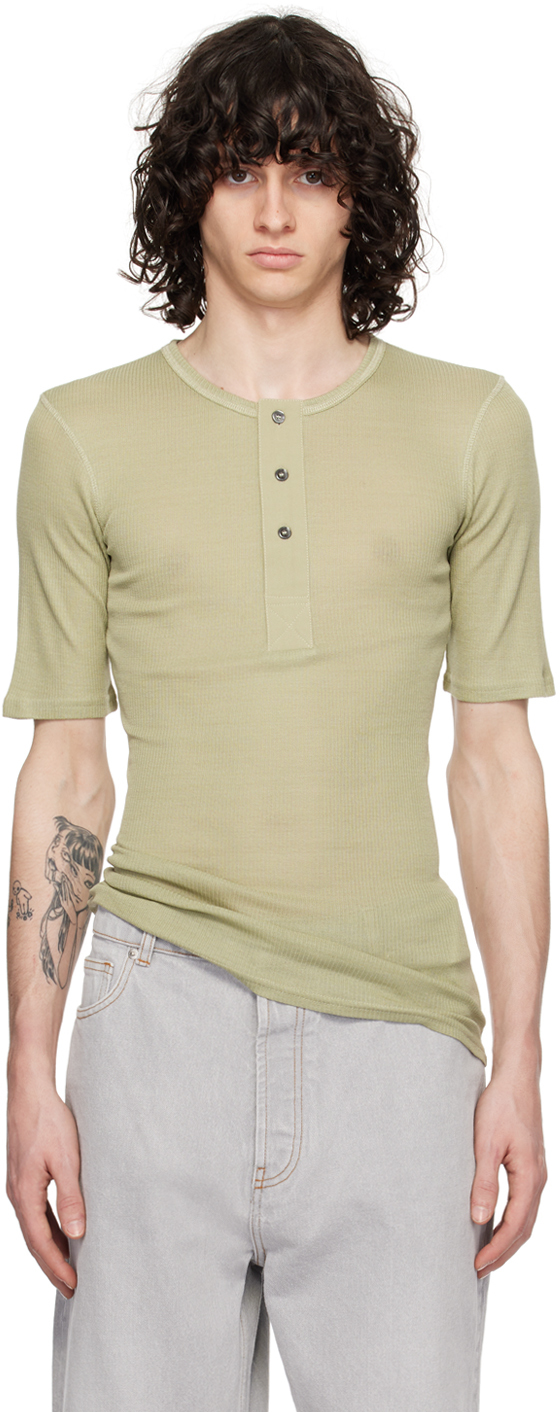 Green Ribbed Henley by AMI Paris on Sale