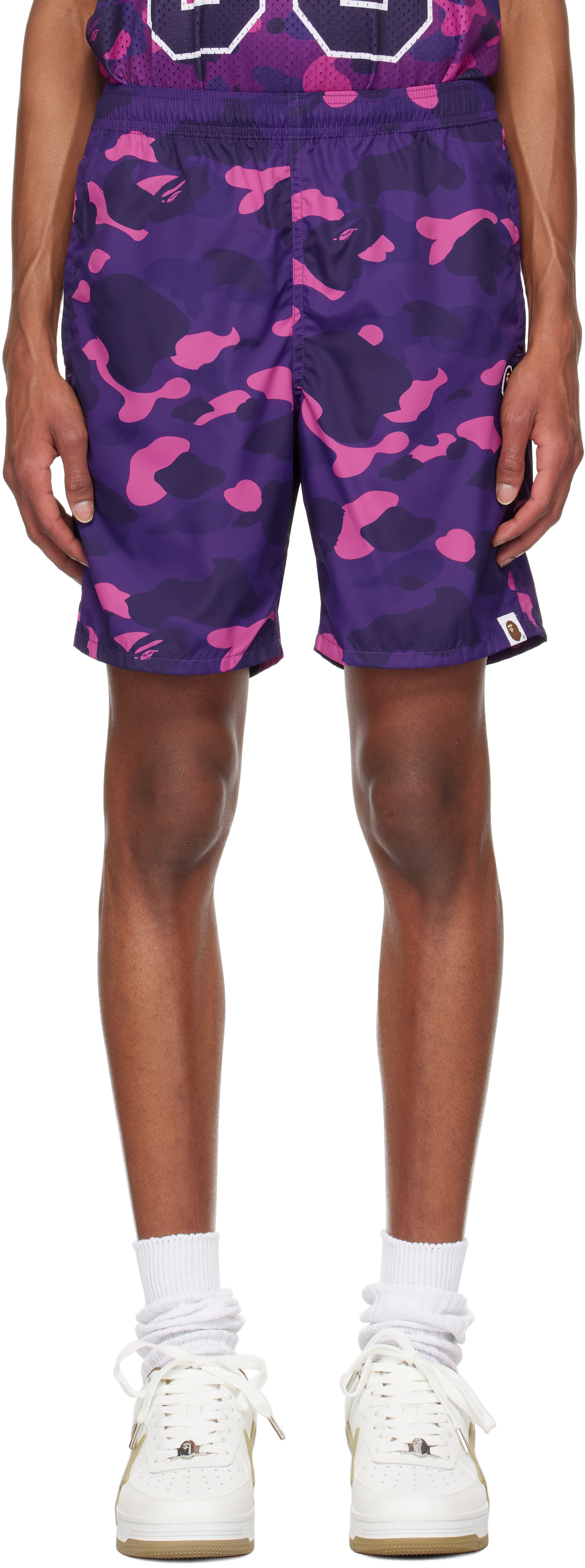 BAPE: Purple Color Camo Ape Head One Point Swim Shorts | SSENSE