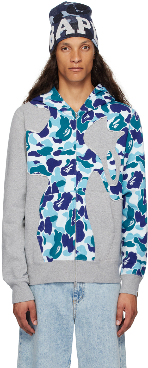 BAPE: Pull à capuche gris et bleu à patchwork à motif camouflage ABC ...