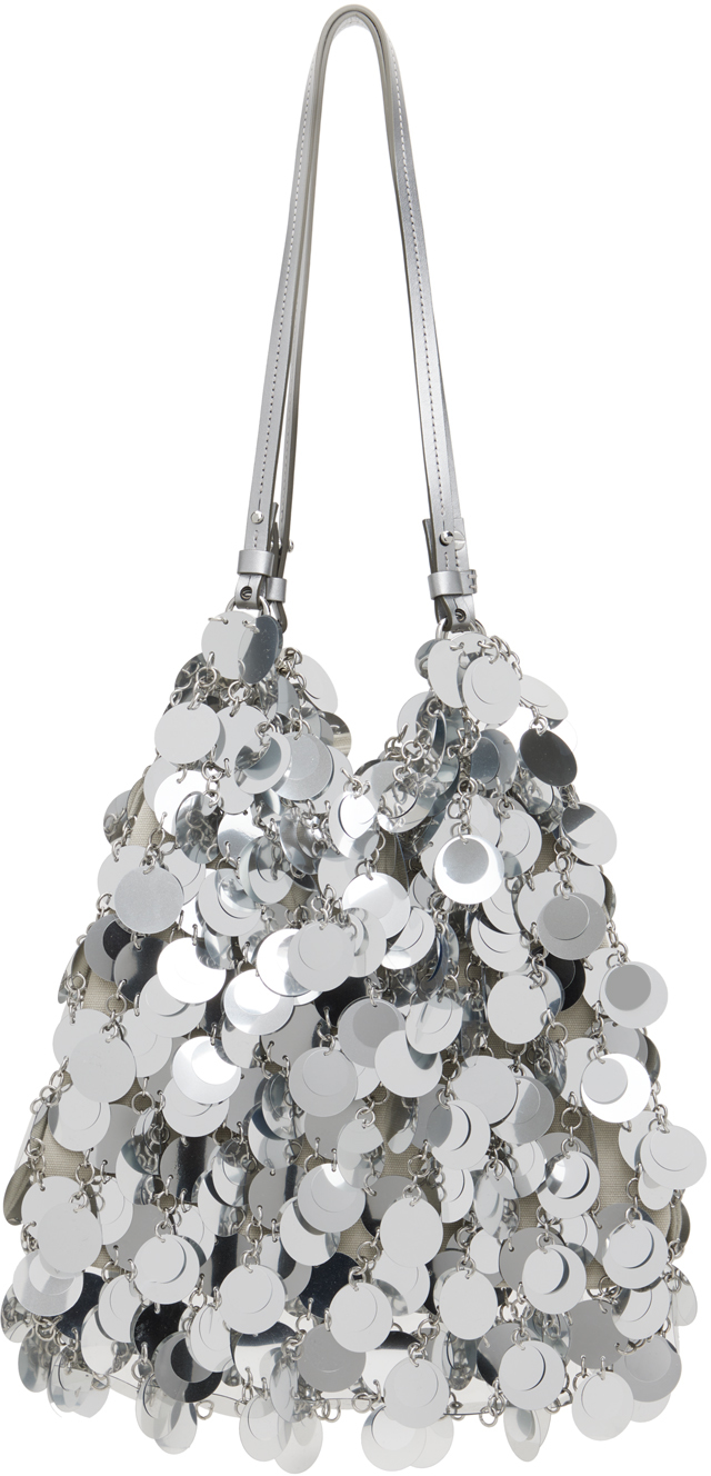 Silver Large Sparkle Disc Tote by Rabanne on Sale
