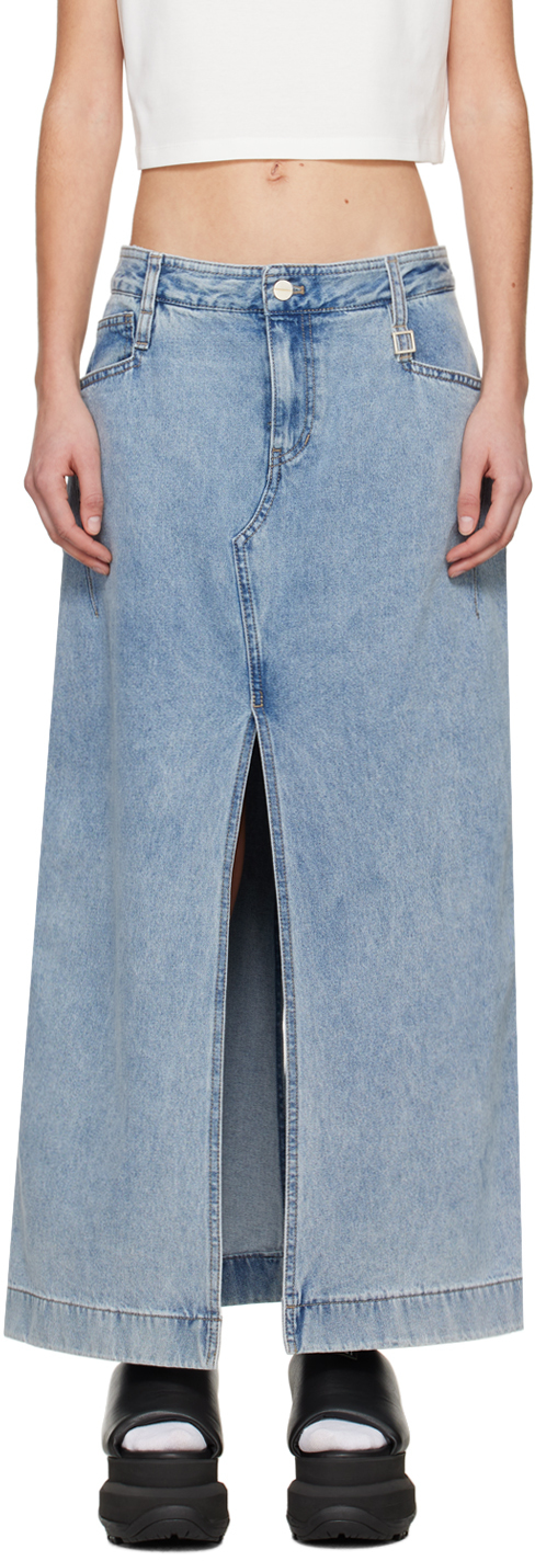 Blue Vented Denim Maxi Skirt by WOOYOUNGMI on Sale