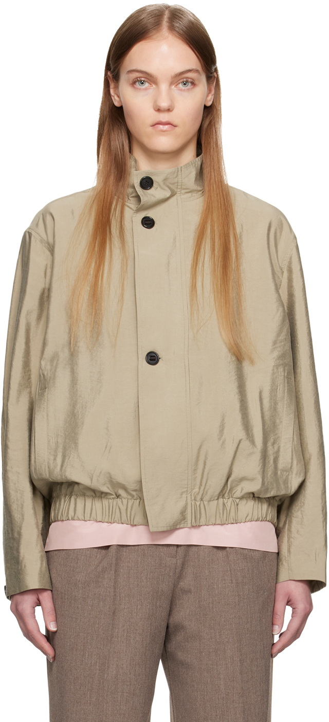 Khaki Stand Collar Bomber Jacket by UMBER POSTPAST on Sale