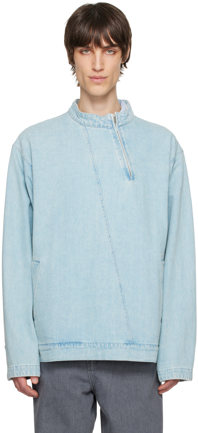 Blue Diagonal Denim Jacket by HGBB STUDIO on Sale