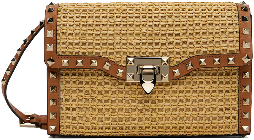 Valentino Garavani: Beige Small Rockstud Shoulder Bag | SSENSE