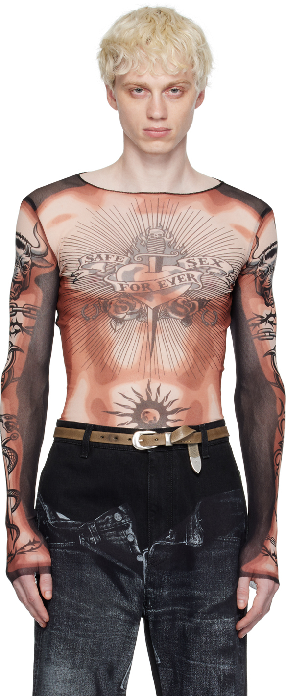 Beige & Black Printed Long Sleeve T-Shirt by Jean Paul Gaultier on Sale