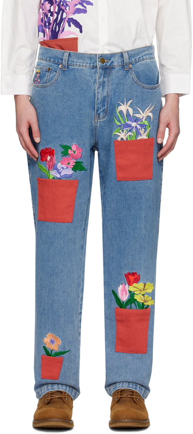 Blue All Over Flower Pots Jeans by KidSuper on Sale