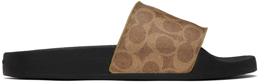 Black & Tan Signature Coated Canvas Pool Slides by Coach 1941 on Sale