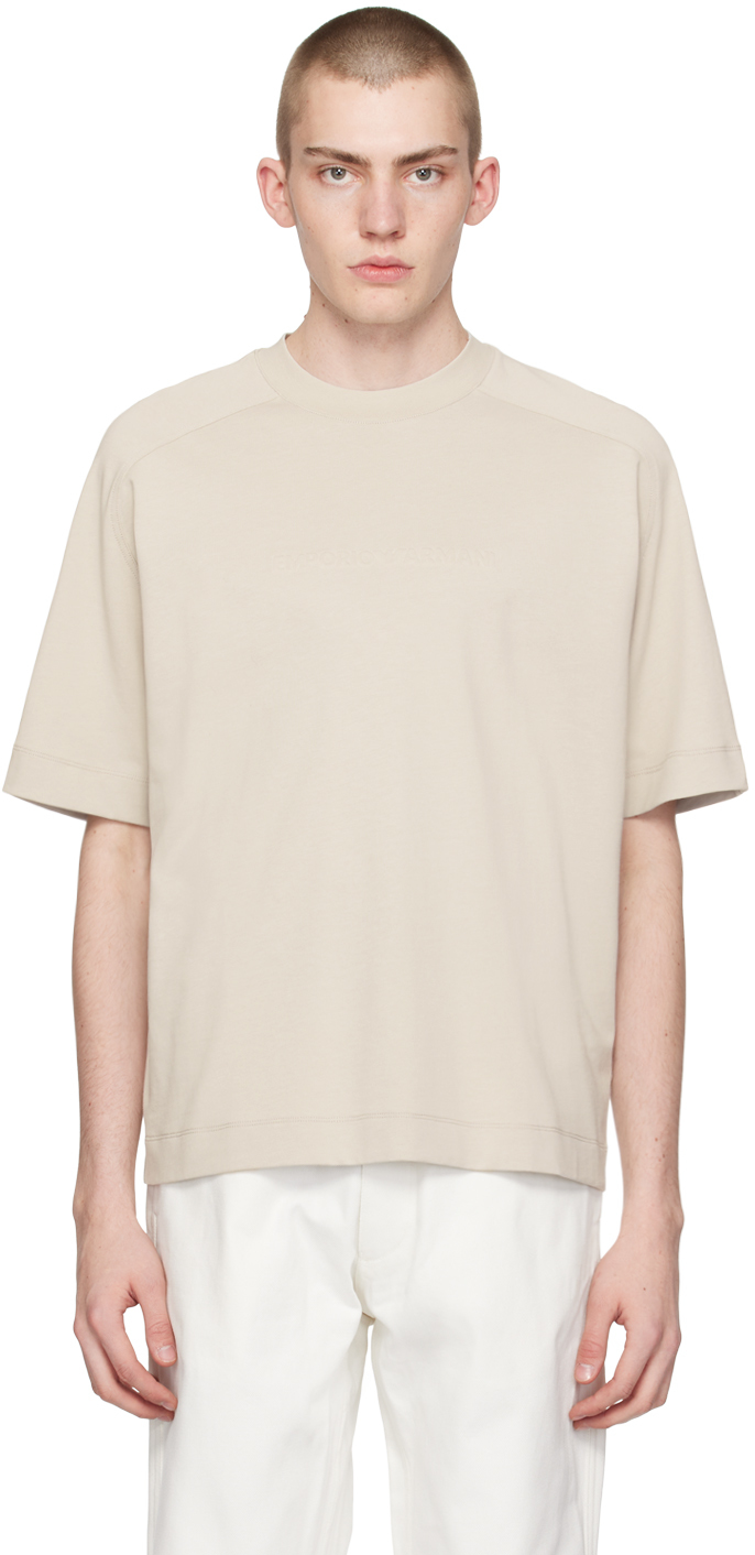 Beige Embossed T-Shirt by Emporio Armani on Sale