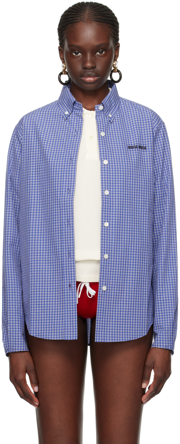 Miu Miu: Blue Checked Shirt | SSENSE Canada