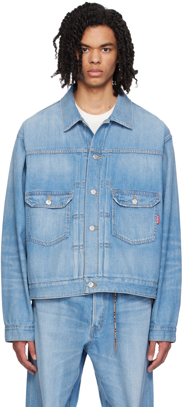 MASTERMIND WORLD: Blue Faded Denim Jacket | SSENSE